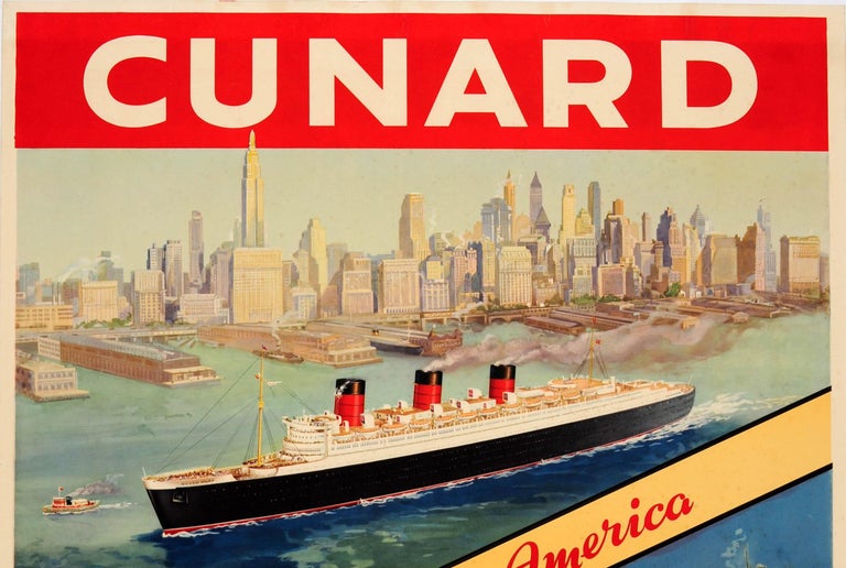 Original Vintage Cunard Poster Queen Mary New York and Queen Elizabeth ...