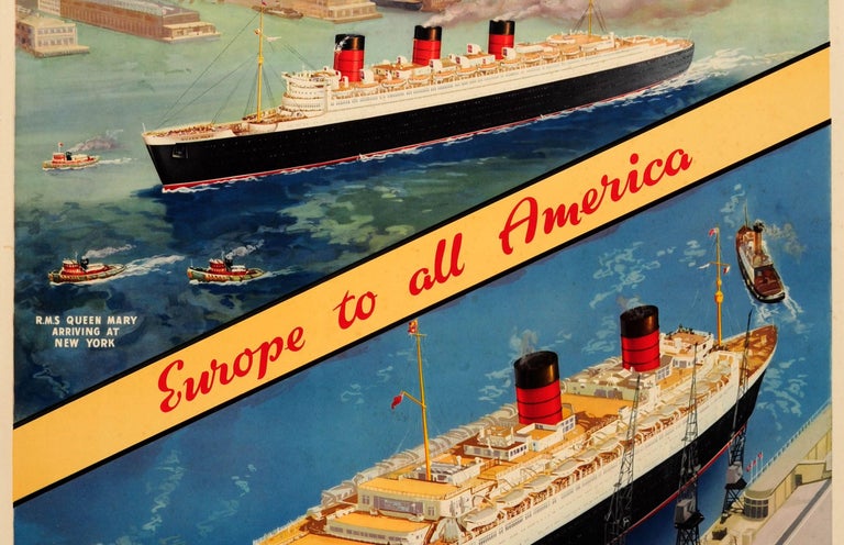 Original Vintage Cunard Poster Queen Mary New York and Queen Elizabeth ...