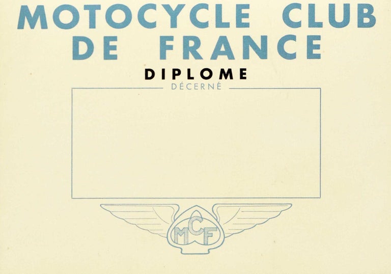Original Vintage Diploma Award Poster Motocycle Club De France ...