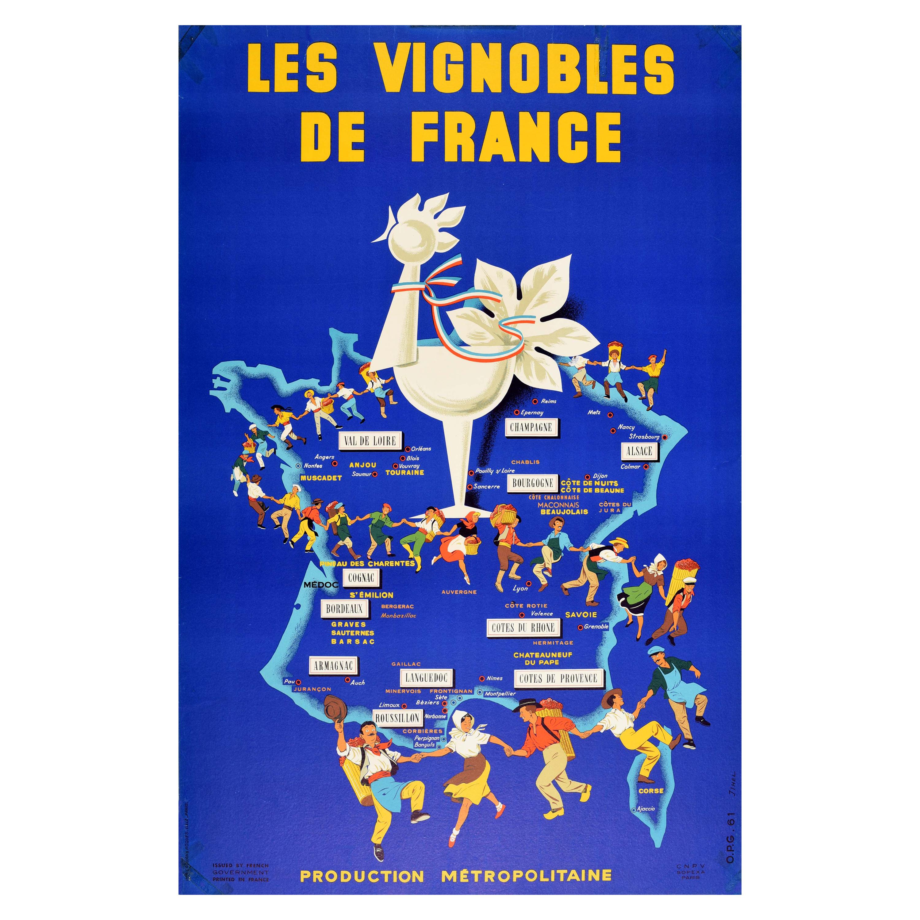 Original Vintage Drink Poster French Wine Les Vignobles De France ...