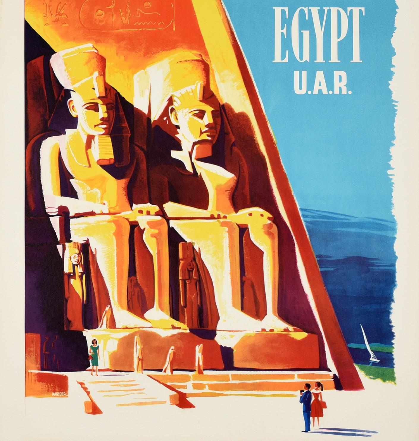 Original Vintage Egypt Travel Poster Abu Simbel Temple Aswan Pharaoh ...