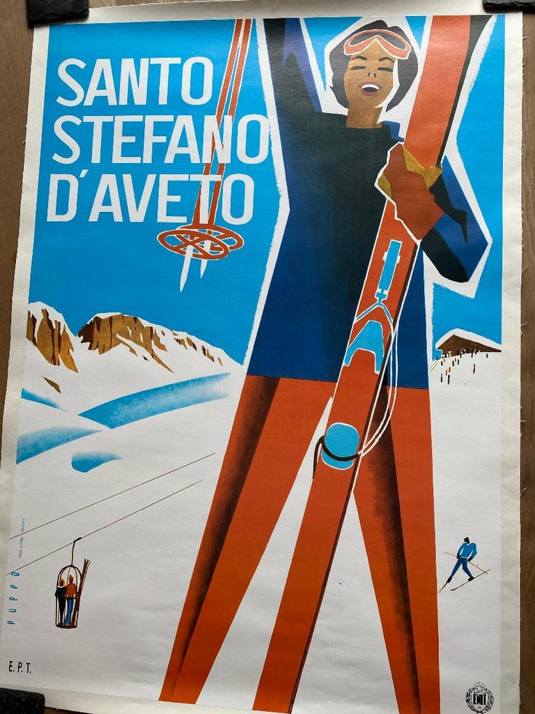 Original Vintage ENIT Skiing Poster Advertising Santo Stefano d'avesta ...