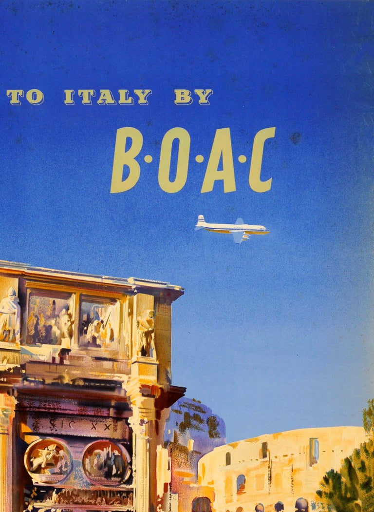 Original Vintage Fly To Italy by BOAC Travel Poster Ft. Rome Colosseum ...
