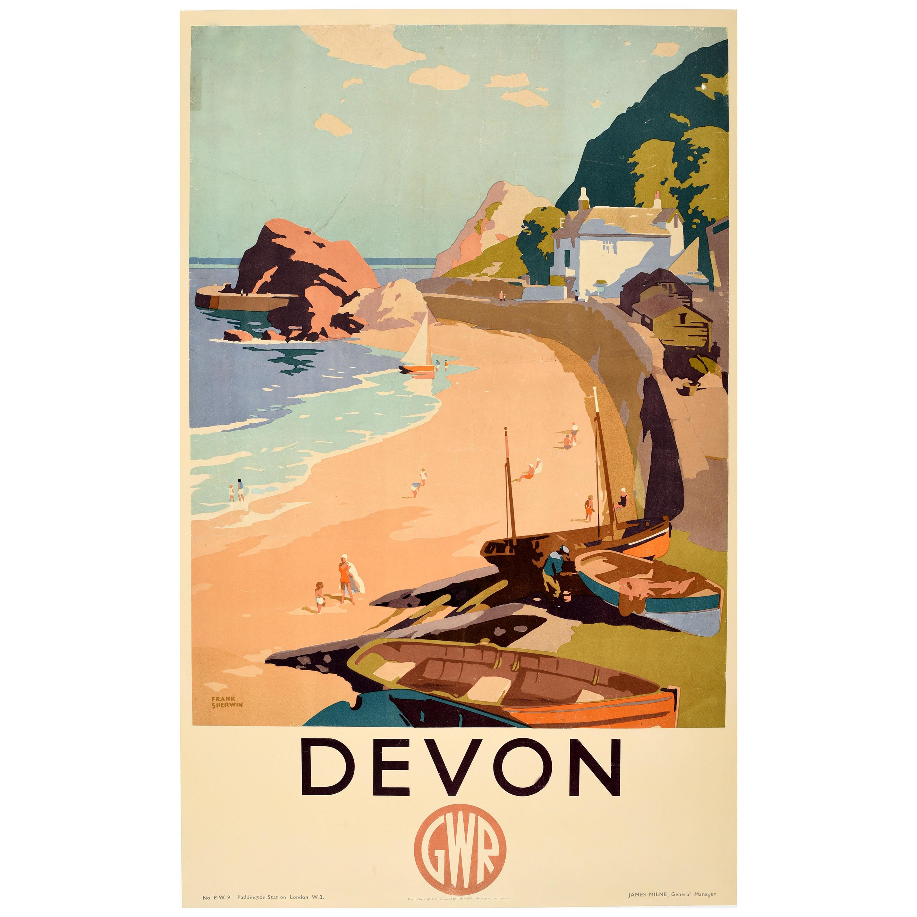 Original Vintage Great Western Railway Poster Devon Ft Seaside Beach ...