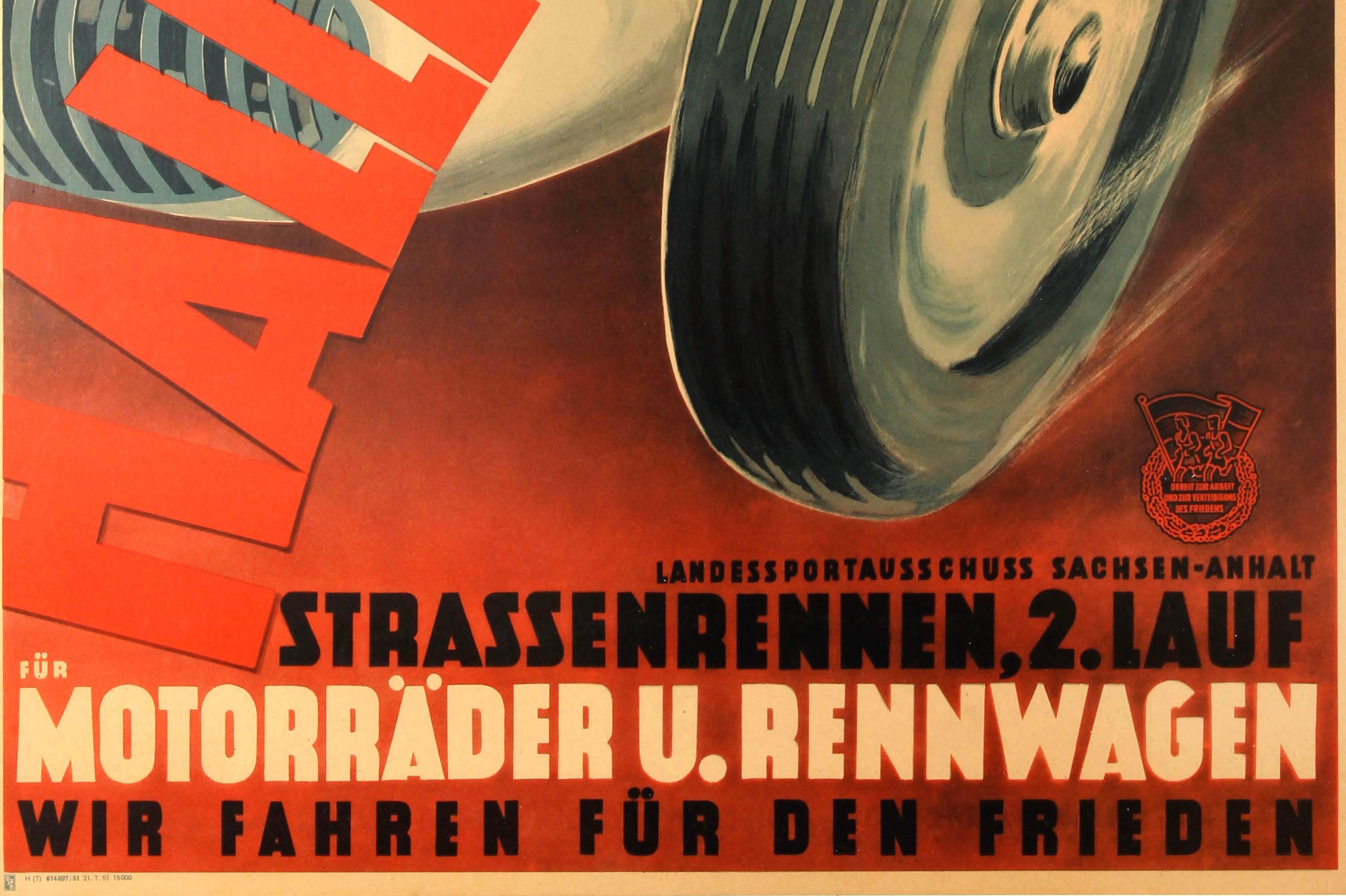 Original Vintage Motor Car Racing Event Poster for the 1951 Halle Saale ...