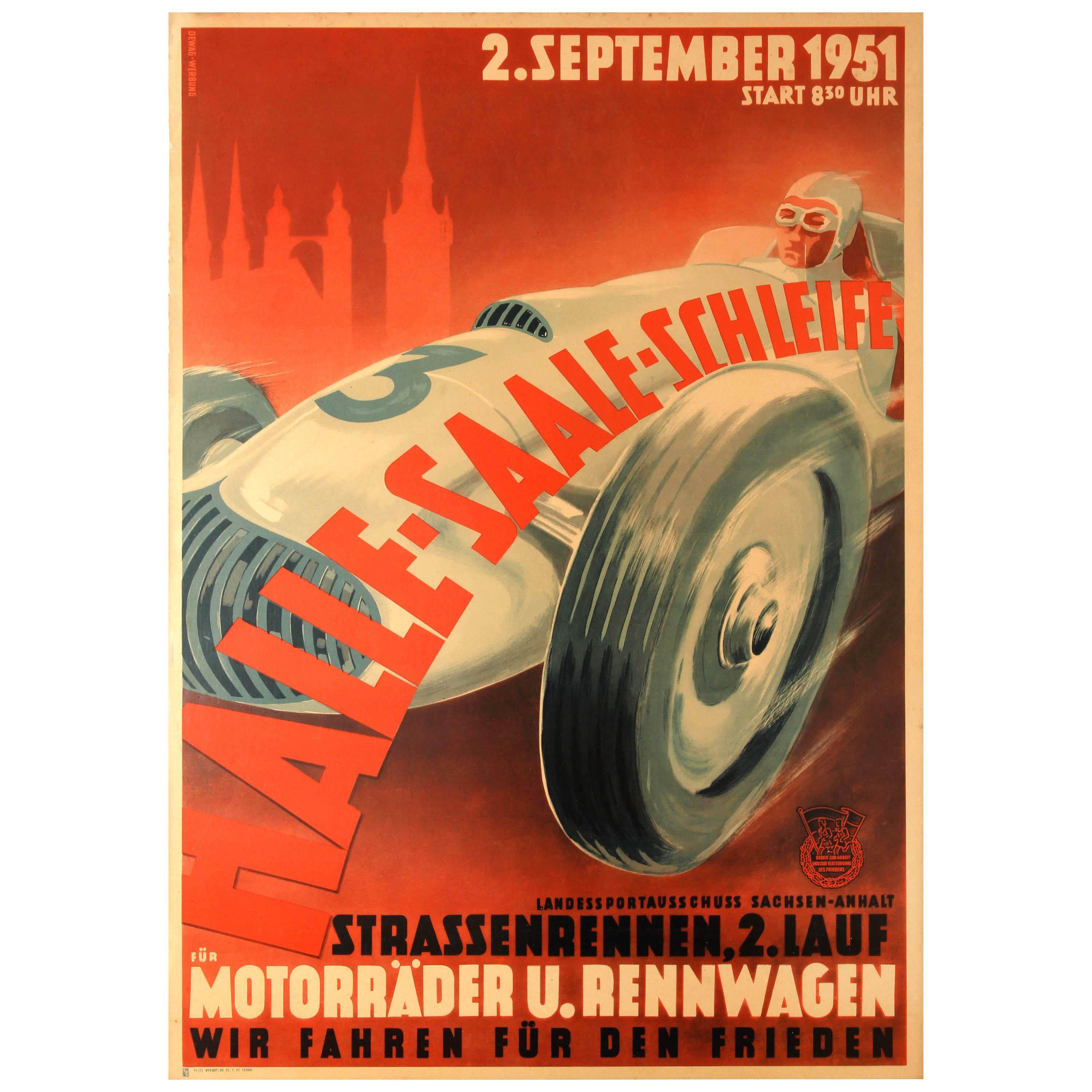 Original Vintage Motor Car Racing Event Poster for the 1951 Halle Saale ...