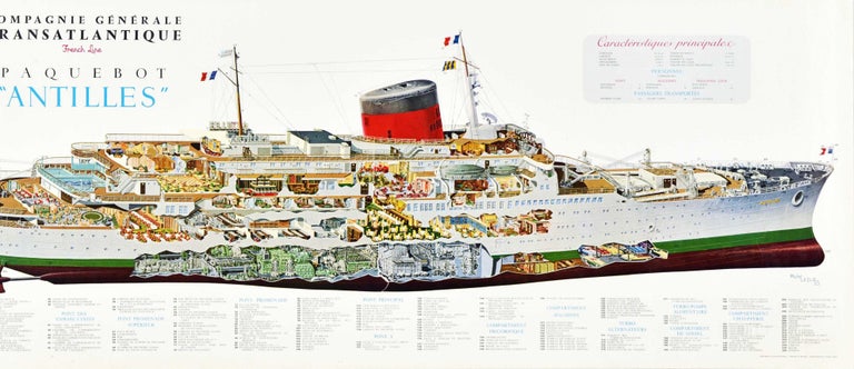Original Vintage Ocean Liner Poster SS Antilles CGT French Line Ship ...
