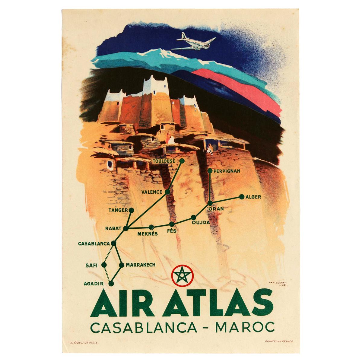 Original Vintage Poster Air Atlas Mountains Travel Map Casablanca ...