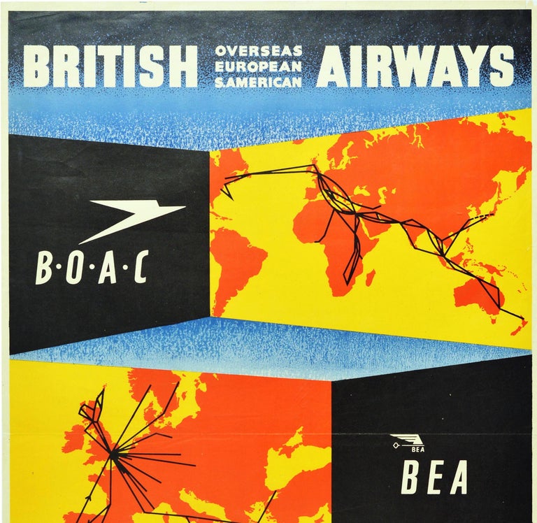 Original Vintage Poster British Airways BOAC BSAA BEA World Route Map ...