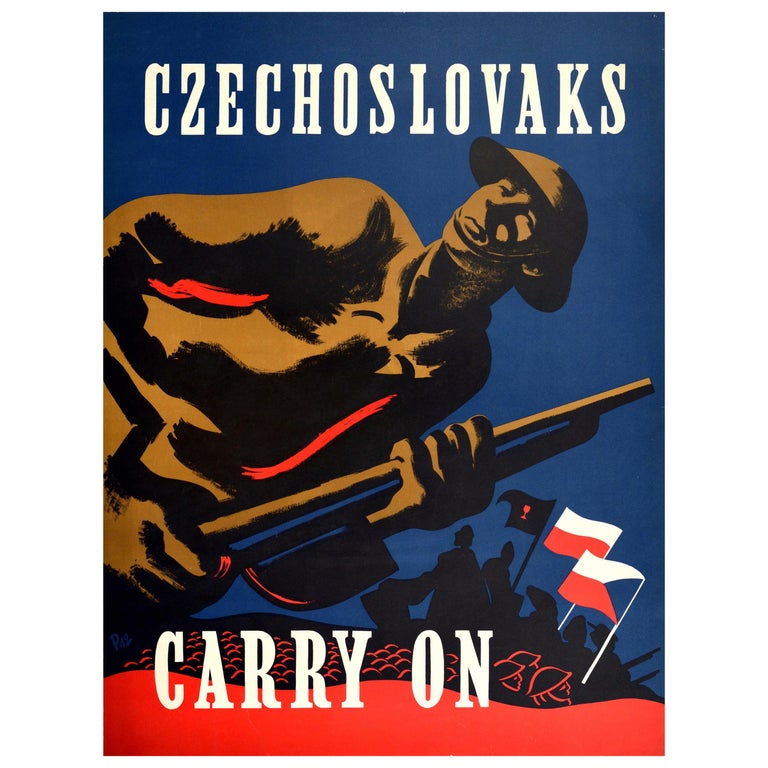 Original Vintage Poster Czechoslovaks Carry On WWII Soldiers Army Flags ...