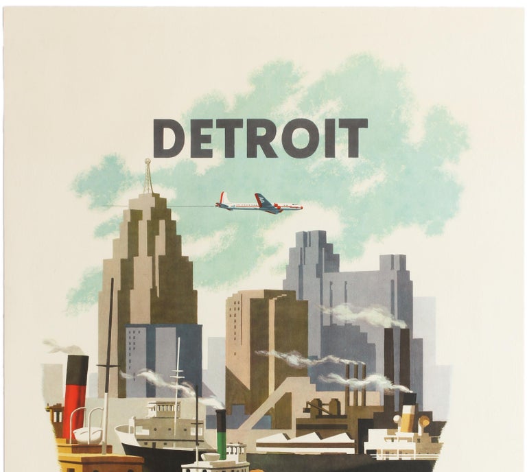 Original Vintage Poster Detroit American Airlines AA Travel City Design ...