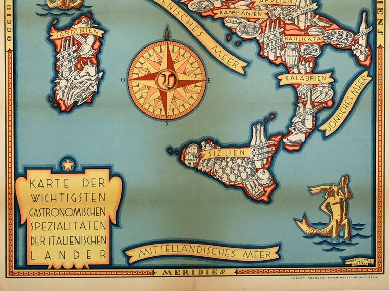Original Vintage Poster Gastronomisches Italien Illustrated Map Food ...