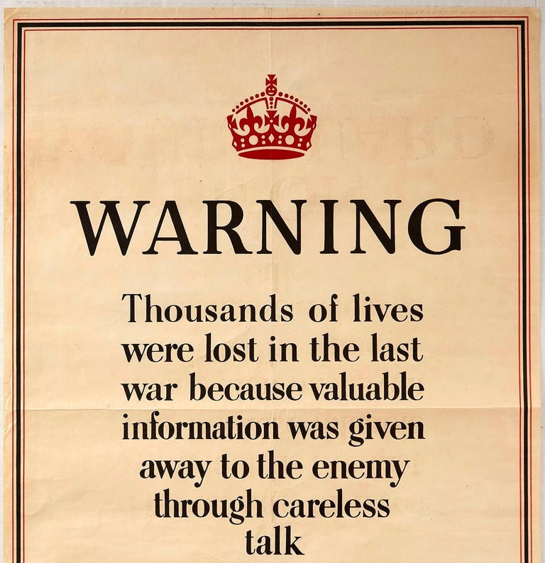 Original Vintage Poster Home Front WWII Warning Careless Talk Be On ...
