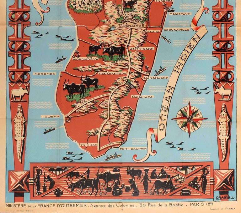 Original Vintage Poster Illustrated Map Madagascar French Colony ...