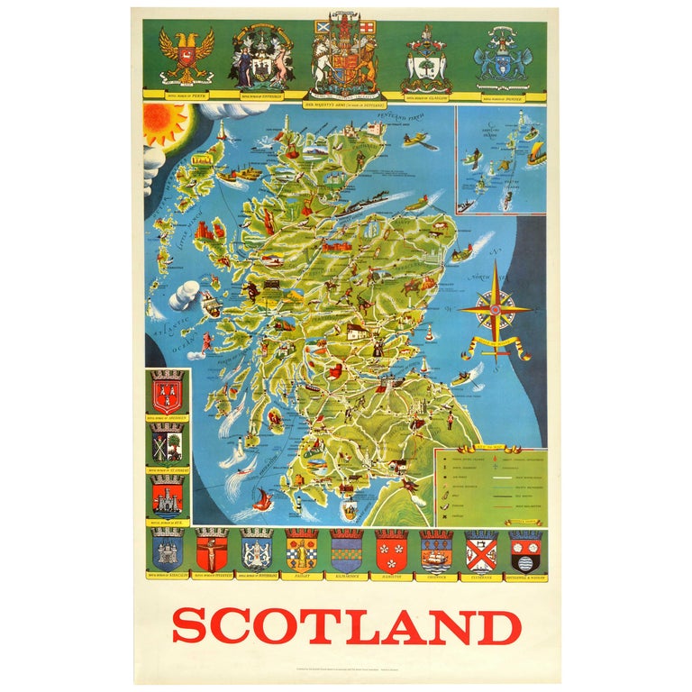 Original Vintage Poster Illustrated Map Of Scotland Sport Travel UK ...