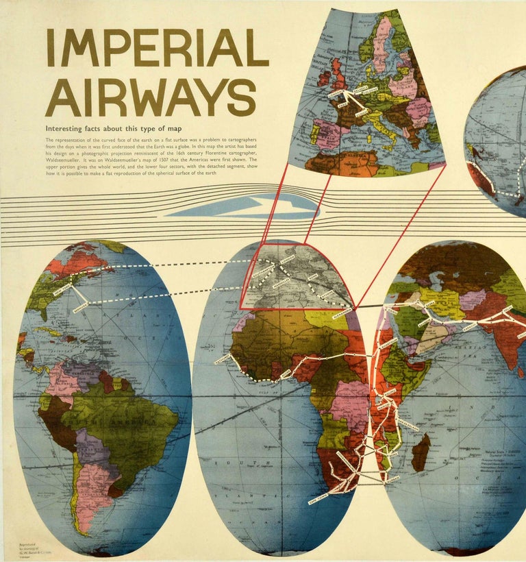 Original Vintage Poster Imperial Airways Planisphere Route Map Aviation ...