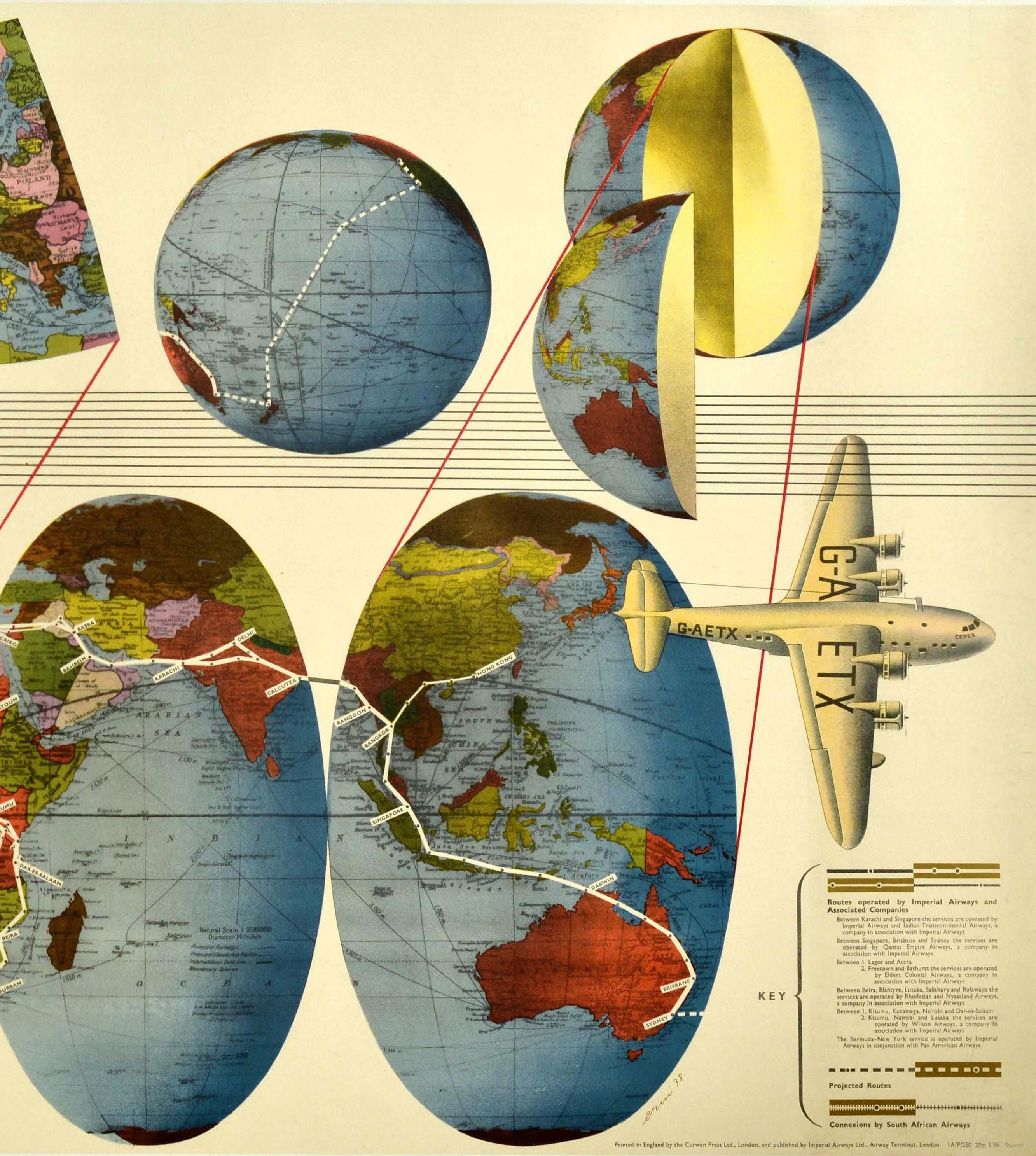 Original Vintage Poster Imperial Airways Planisphere Route Map Aviation ...