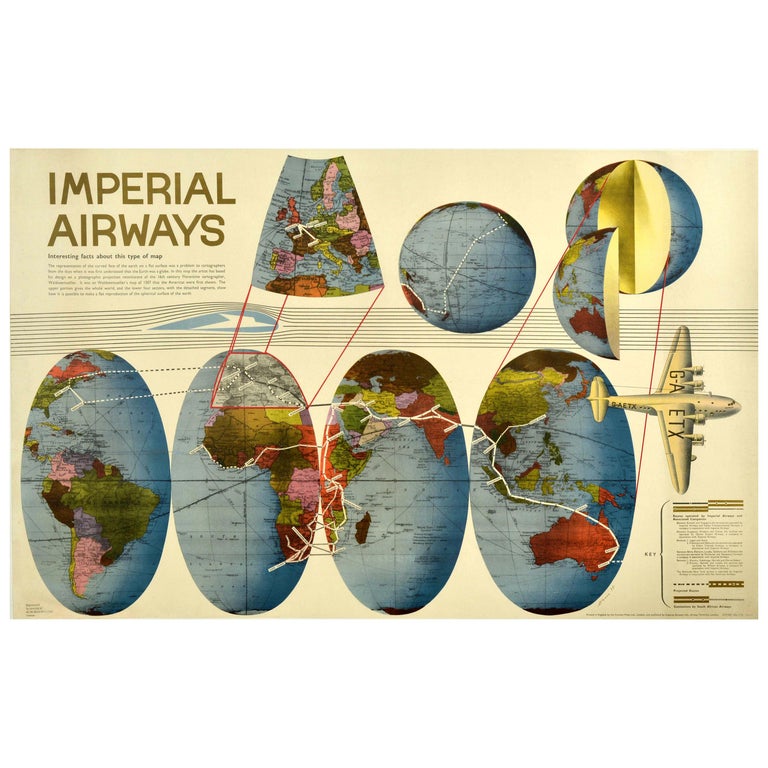 Original Vintage Poster Imperial Airways Planisphere Route Map Aviation ...