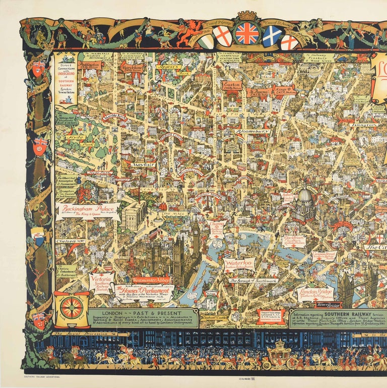 Original Vintage Poster London Town Pictorial Map Southern Railway ...