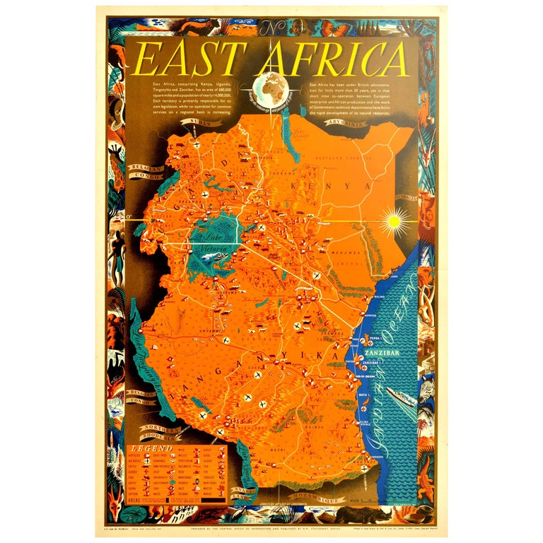 Original Vintage Poster Map East Africa Kenya Uganda Tanganyika ...