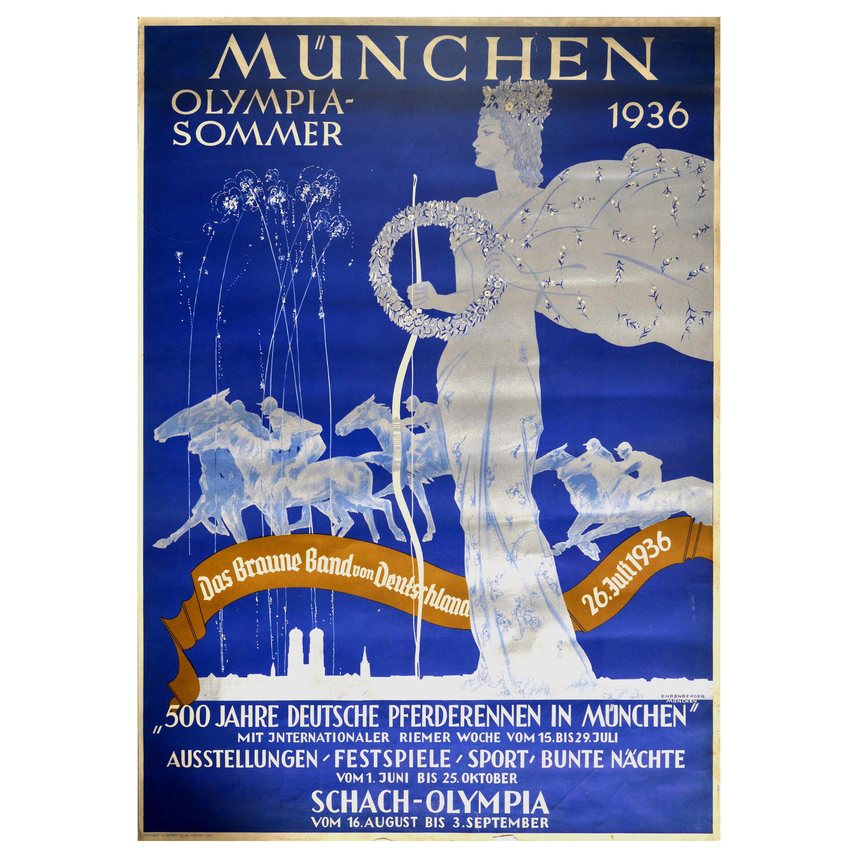 Original Vintage Poster Munich Olympic Summer Festival Horse Racing ...