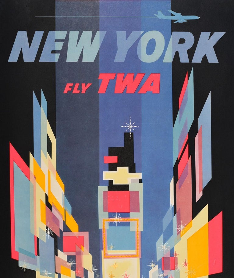 Original Vintage Poster New York Fly TWA Times Square Jet Plane ...