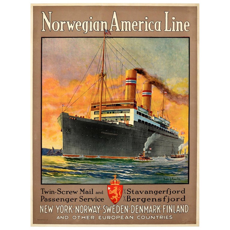Original Vintage Poster Norwegian America Line New York Norway Ocean ...