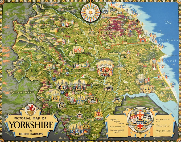 Original Vintage Poster Pictorial Map Of Yorkshire British Railways ...