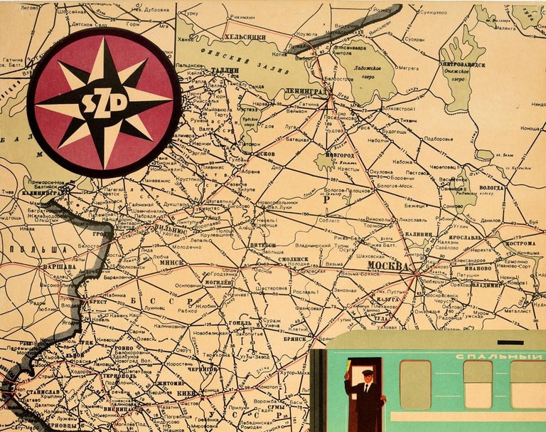 Original Vintage Poster SZD Travel On Soviet Railways Trains USSR Map ...
