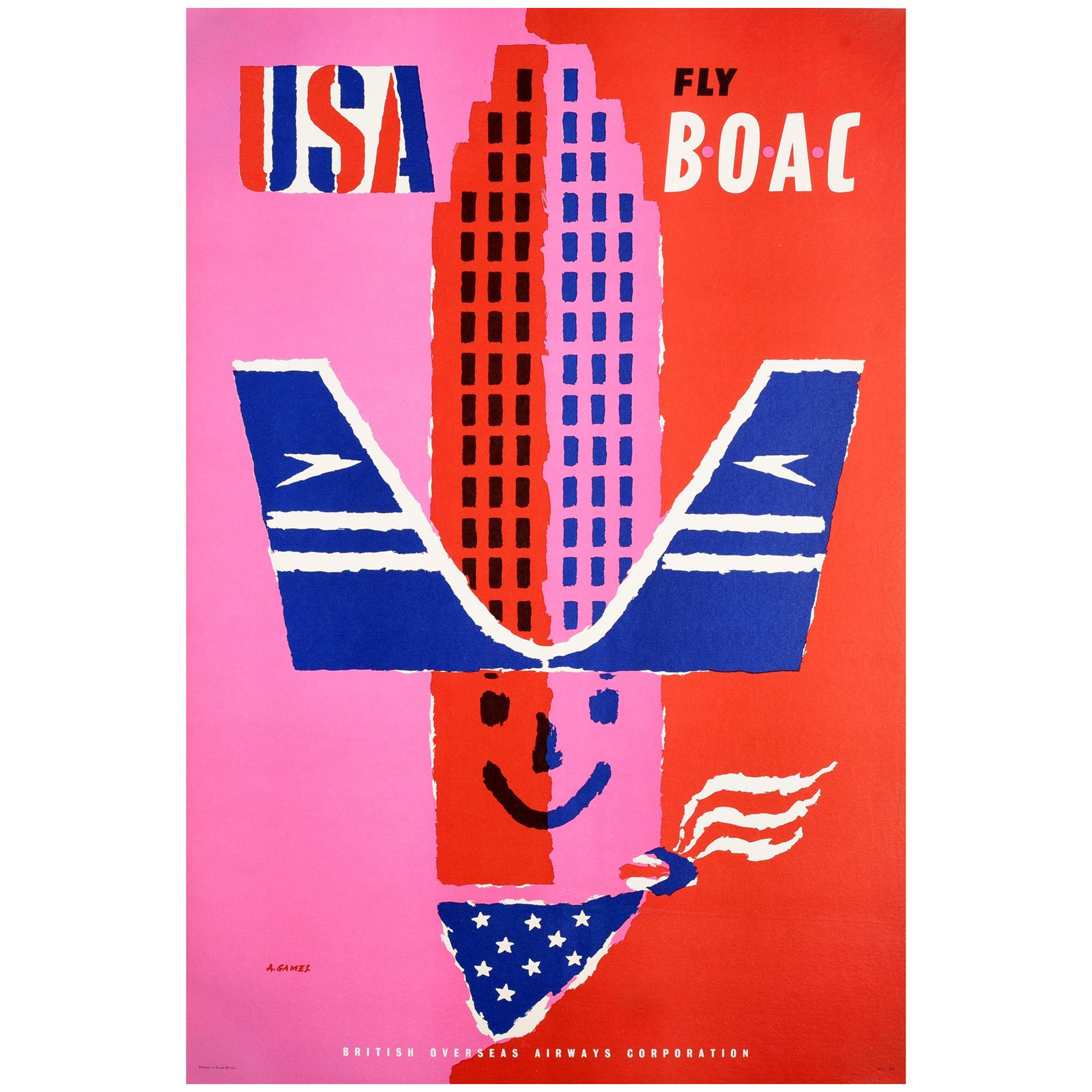 Original Vintage Poster USA Fly BOAC Airline Travel America Midcentury ...