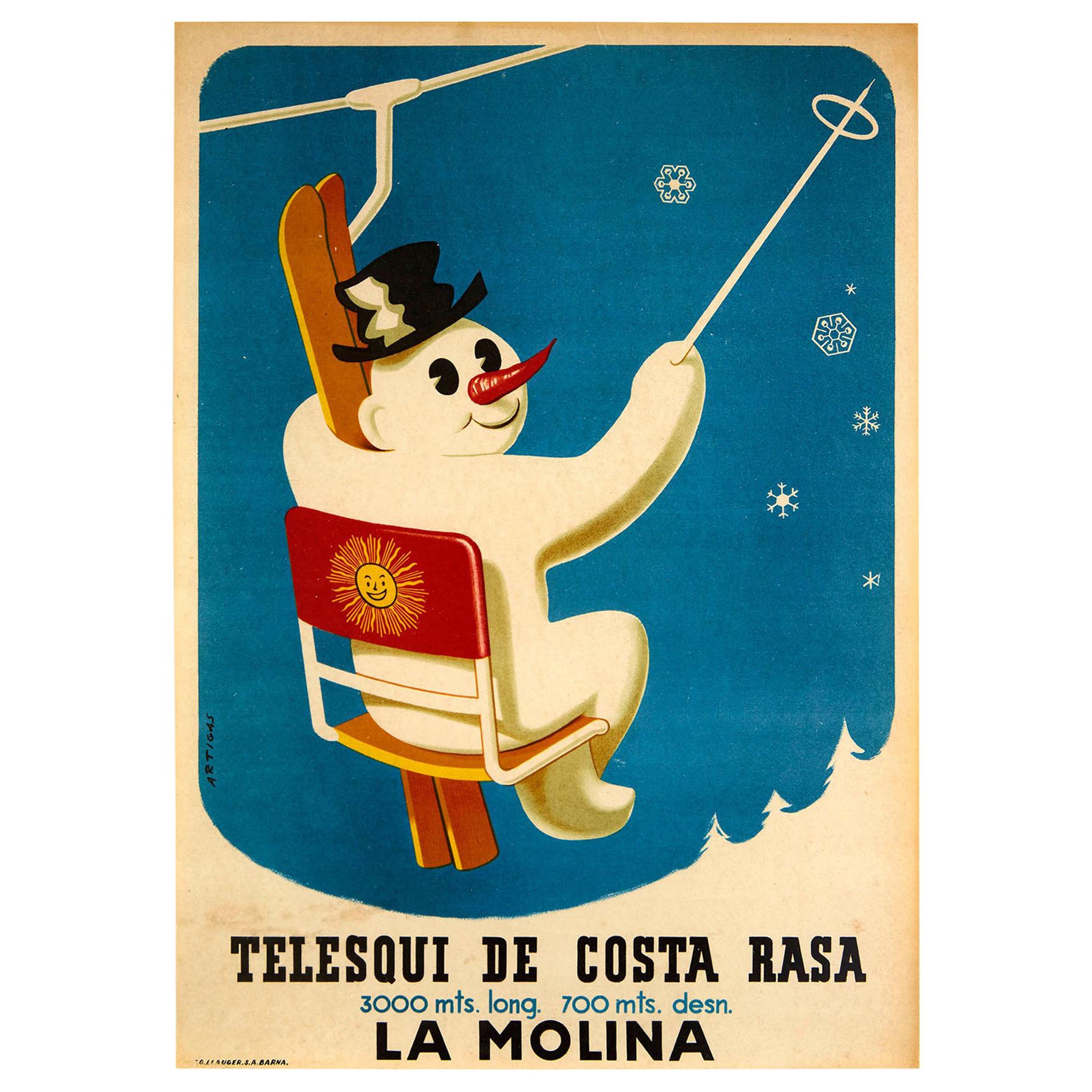 Original Vintage Skiing Poster La Molina Telesqui De Costa Rasa Snowman ...