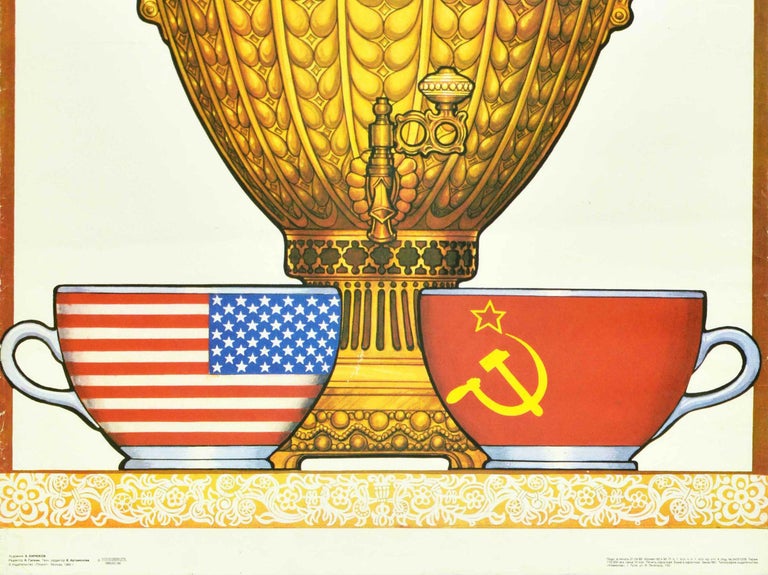 Original Vintage Soviet Poster We Live In Peace USA USSR Cold War Tea ...