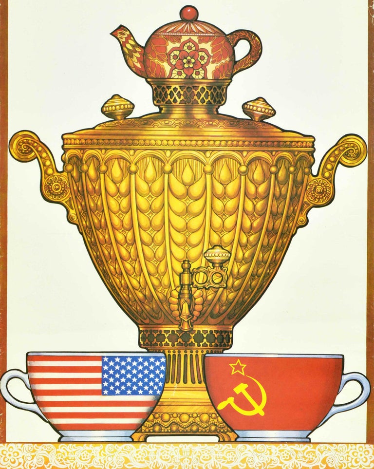 Original Vintage Soviet Poster We Live In Peace USA USSR Cold War Tea ...