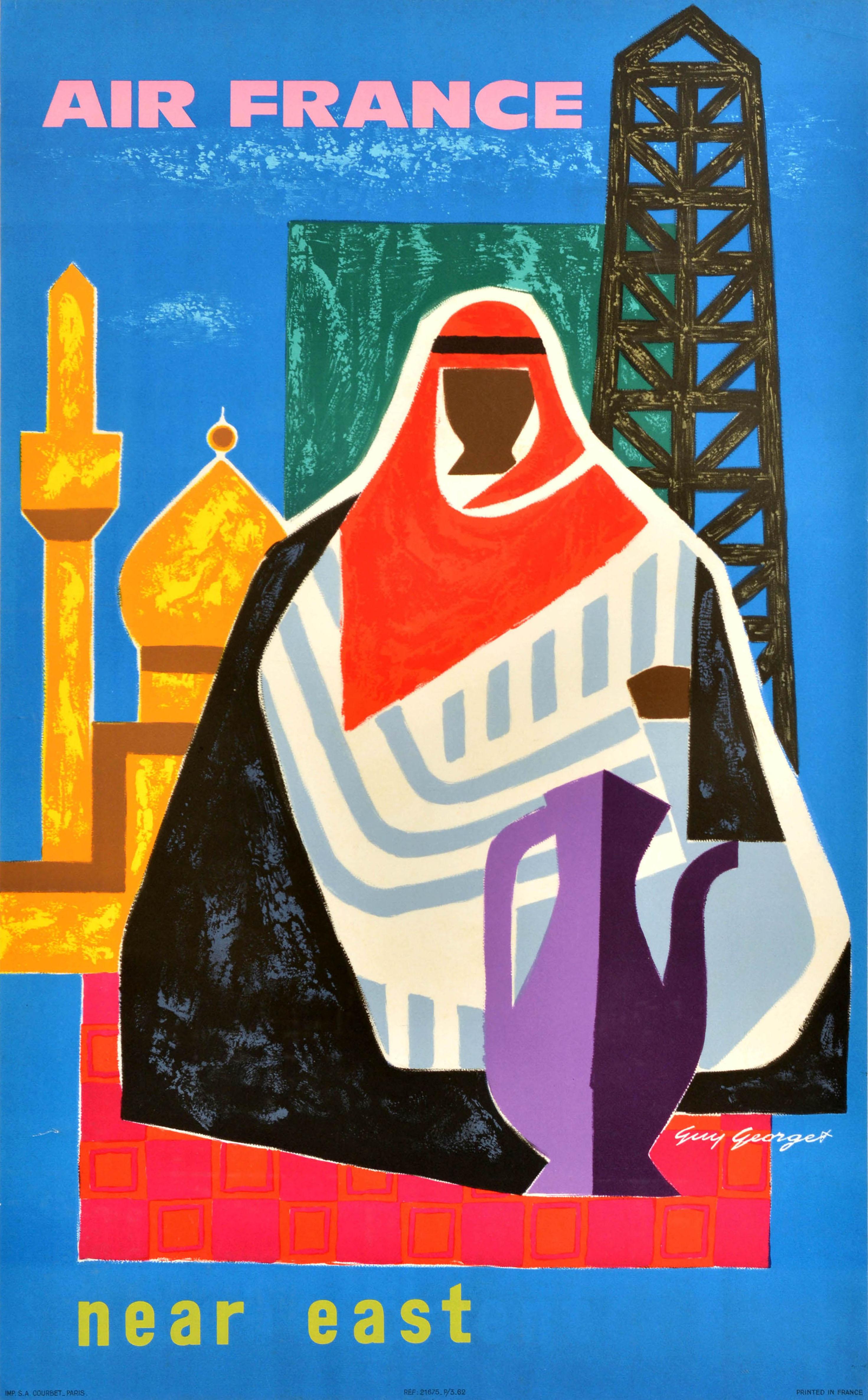 Original Vintage Travel Advertising Poster Near East Air France Guy ...