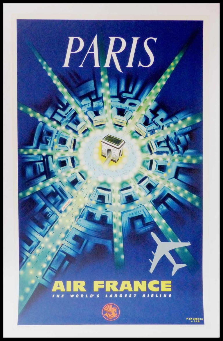 Original Vintage Travel Poster, Air France Paris, Baudouin 1947 at 1stDibs