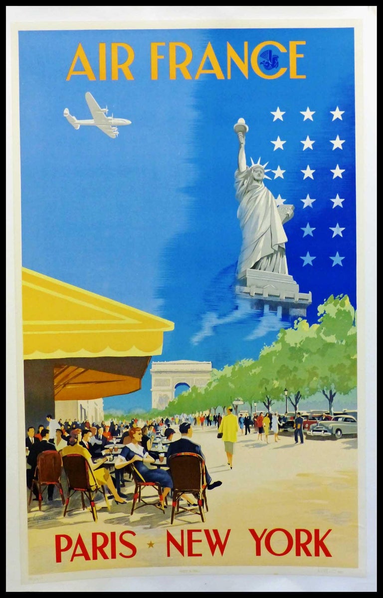 Original Vintage Travel Poster, Air France Paris New York, Guerra 1951 ...