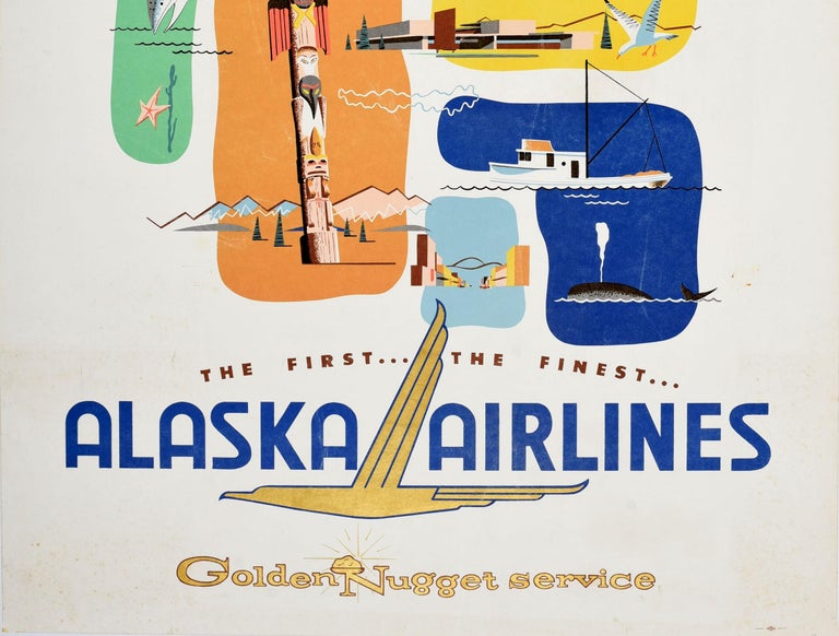 Original Vintage Travel Poster Alaska Airlines Golden Nugget Service ...