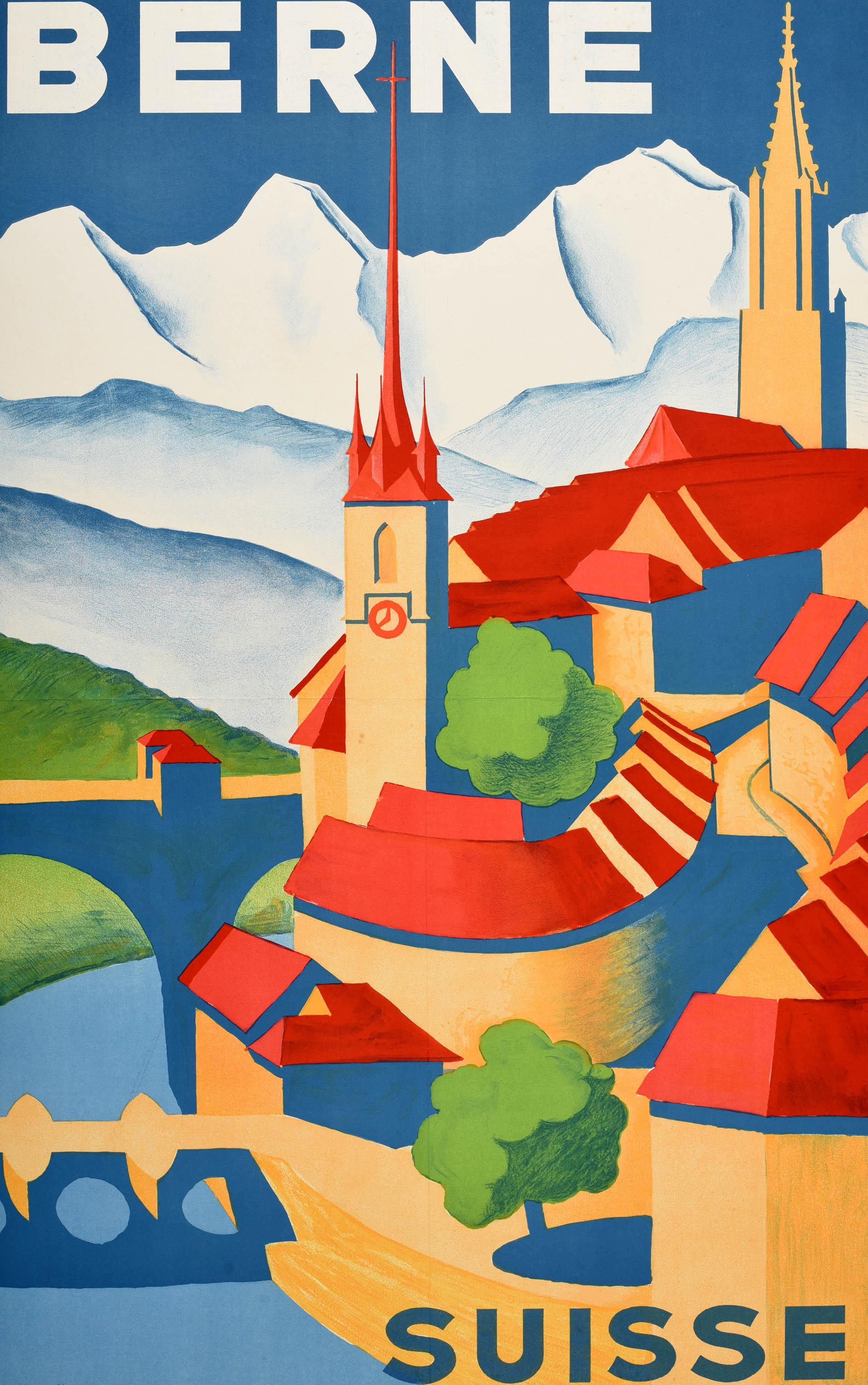 Original Vintage Travel Poster Berne Switzerland Art Deco Old City ...