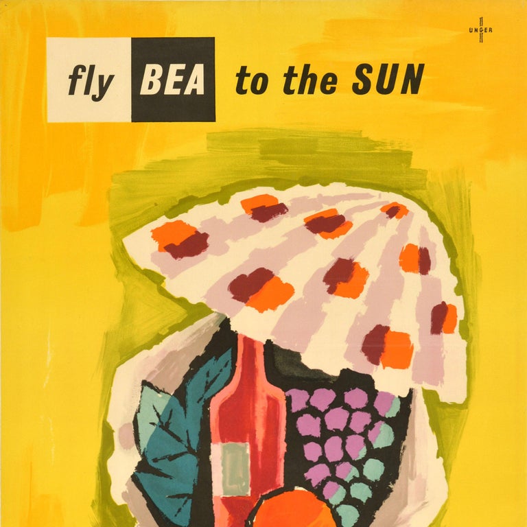 Original Vintage Travel Poster Fly BEA To The Sun Sea Shell Wine Hans ...