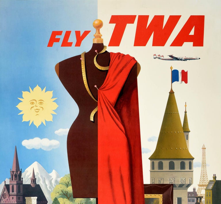 Original Vintage Travel Poster France Fly TWA Lockheed Constellation ...
