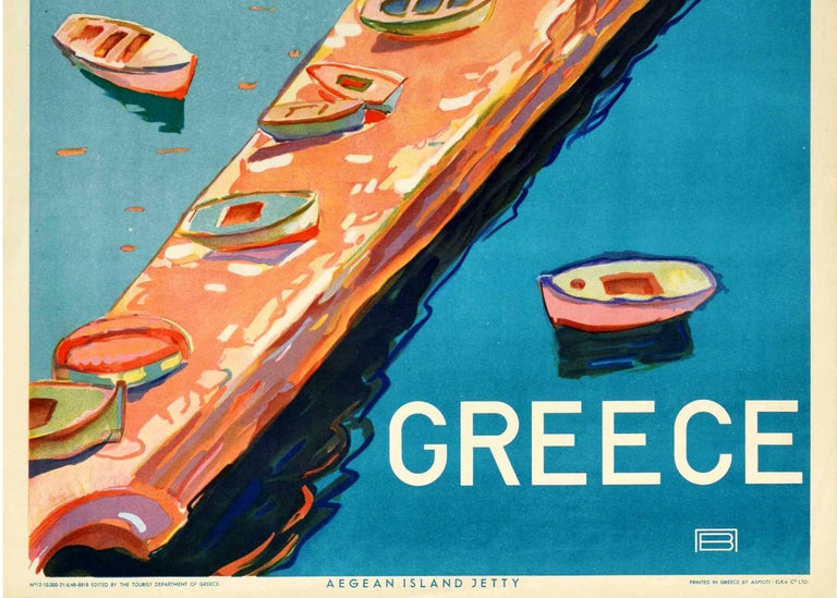 Original Vintage Travel Poster Greece Aegean Island Jetty View Sailing ...