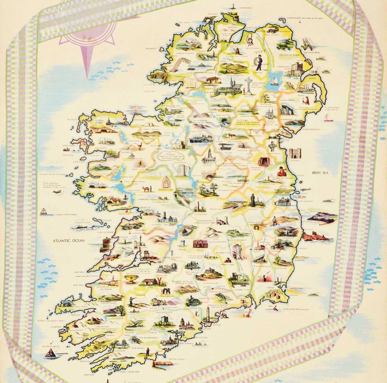 Original Vintage Travel Poster Illustrated Map Of Ireland Midcentury ...