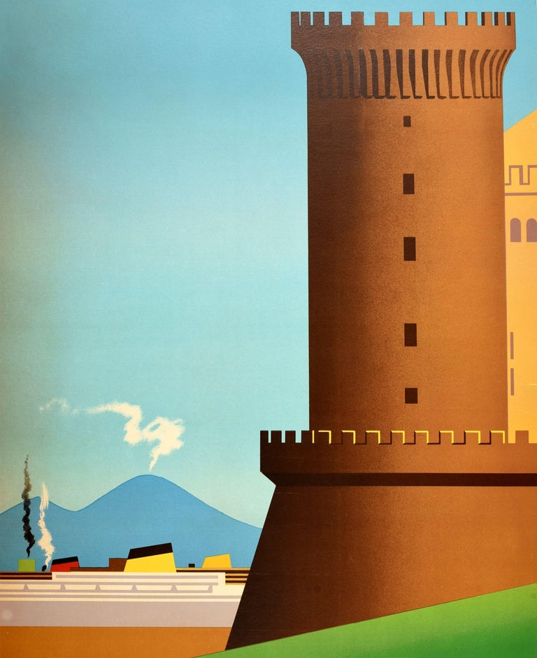 Original Vintage Travel Poster Napoli Castel Nuovo Bay Of Naples Mount ...