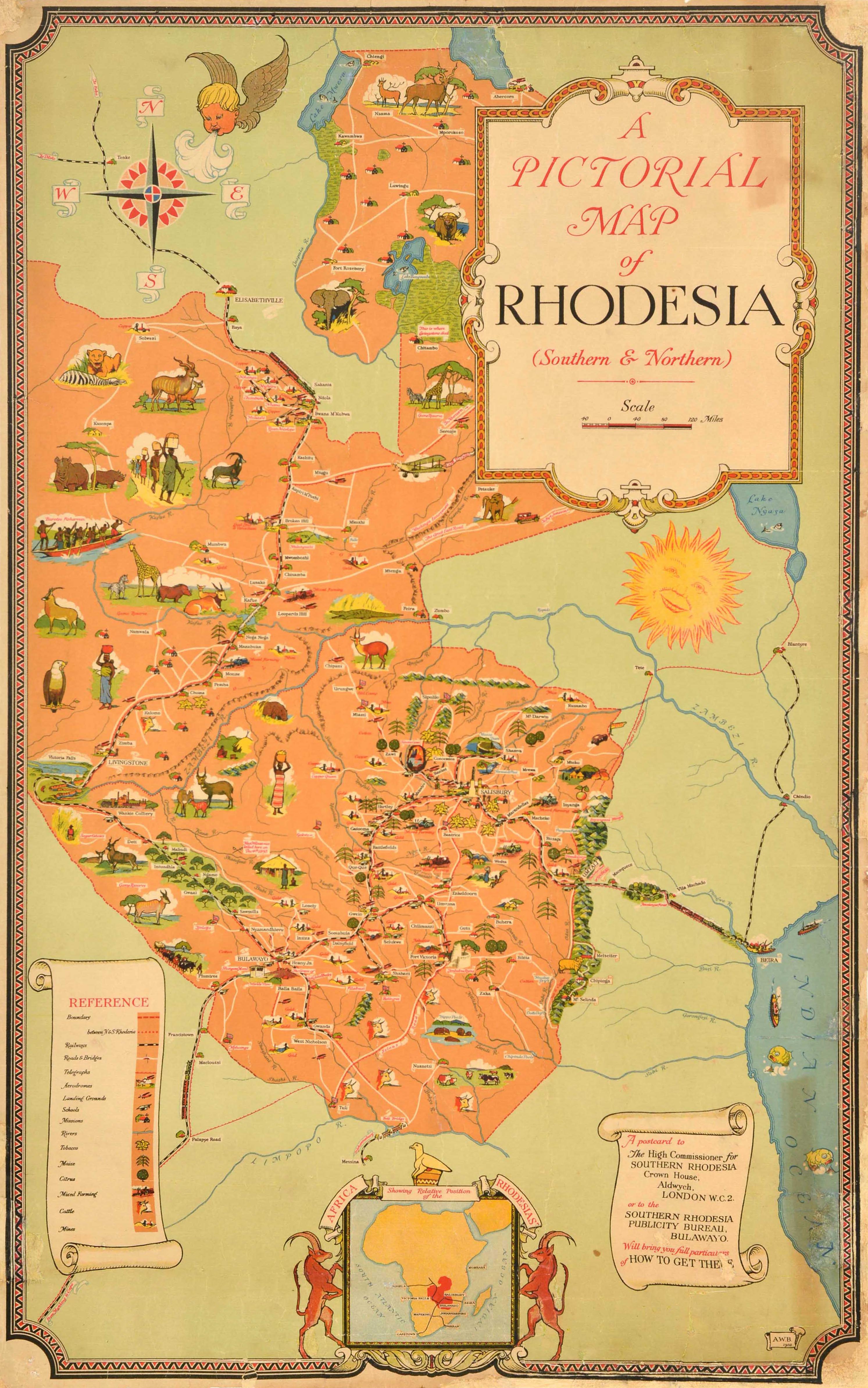 Original Vintage Travel Poster Rhodesia Pictorial Map Southern Africa ...