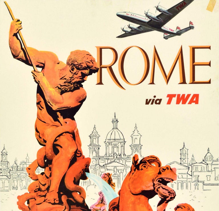Original Vintage Travel Poster Rome Via TWA Neptune Fountain City ...