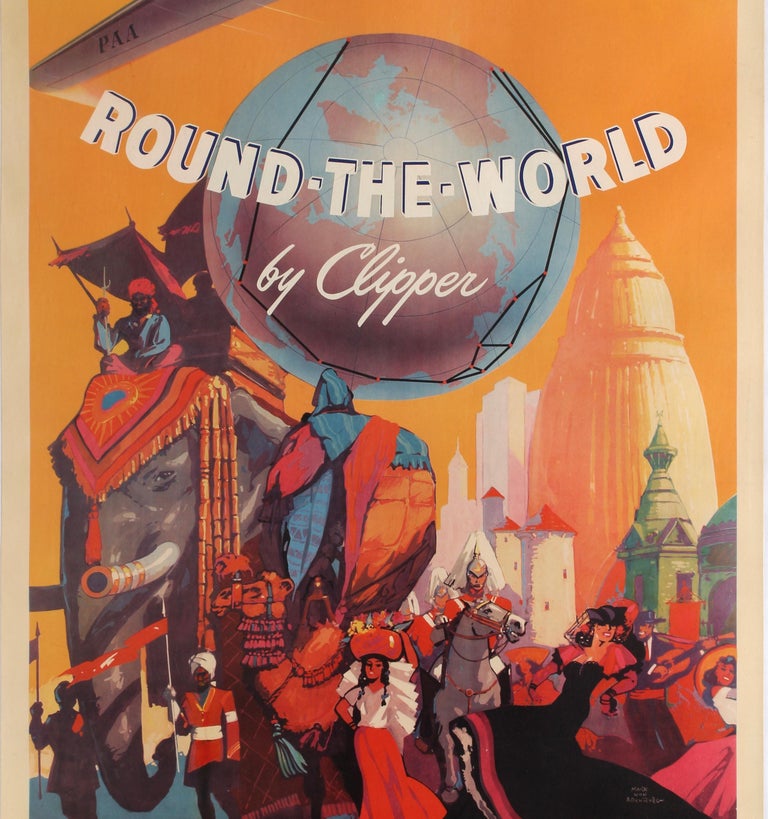 Original Vintage Travel Poster Round The World By Clipper Pan American ...