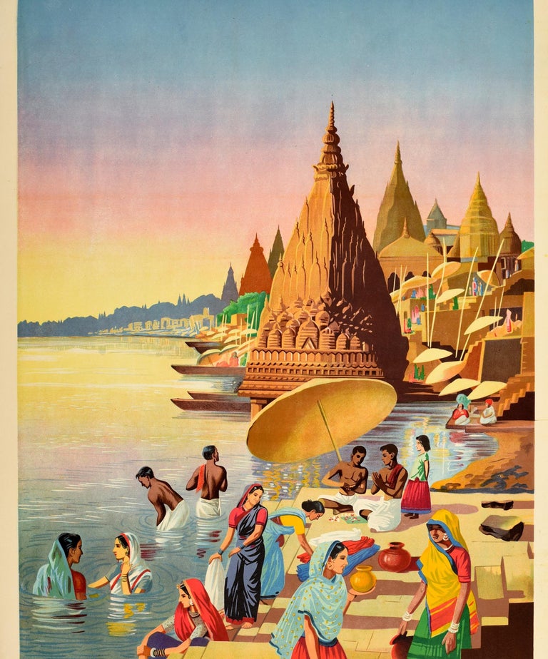 Original Vintage Travel Poster Varanasi Banaras See India Sacred River ...