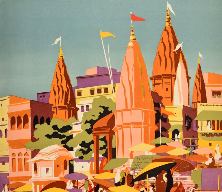 Original Vintage Travel Poster Varanasi Banaras Uttar Pradesh Ganges ...