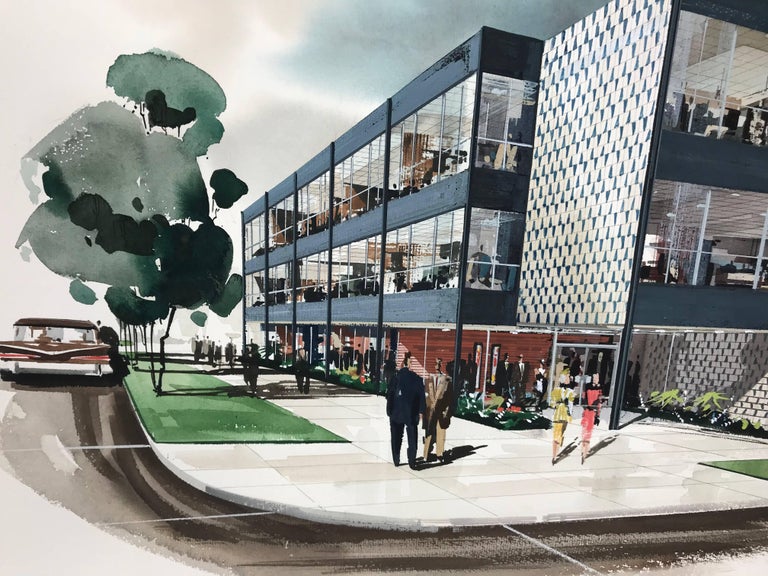 Original Watercolor, Modernist Architectural Rendering, ,Maxwell ...