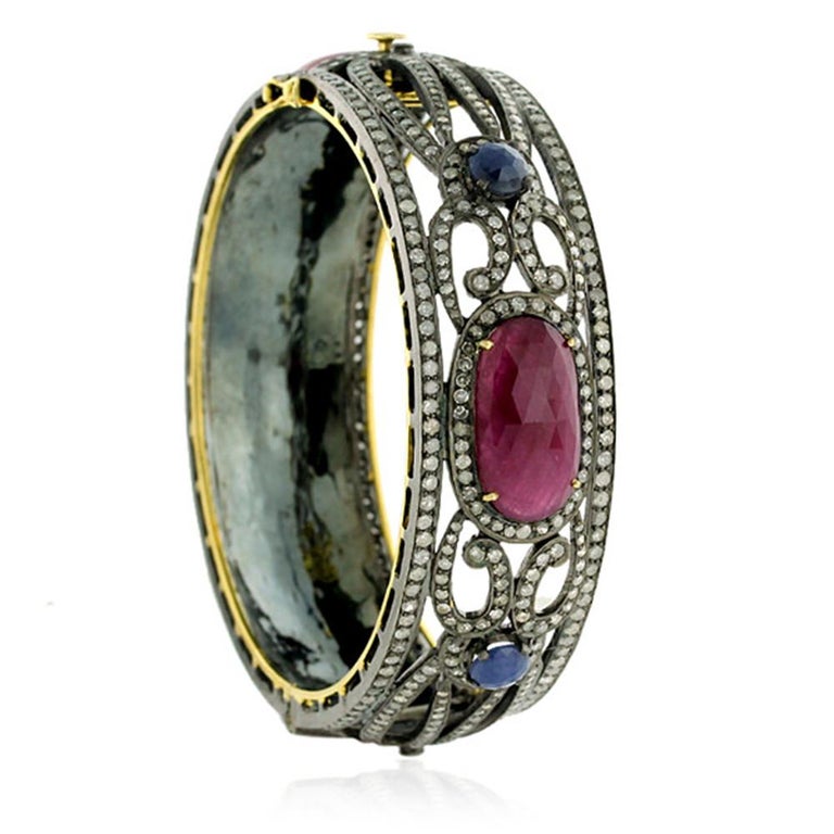 Ornamental Design Bangle with Ruby Sapphire and Pave Diamonds in 18k ...